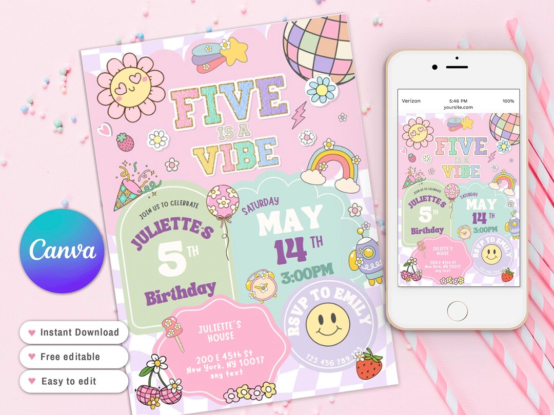 Five is A Vibe Preppy 5th Birthday Party Invitation, Preppy Patch ...