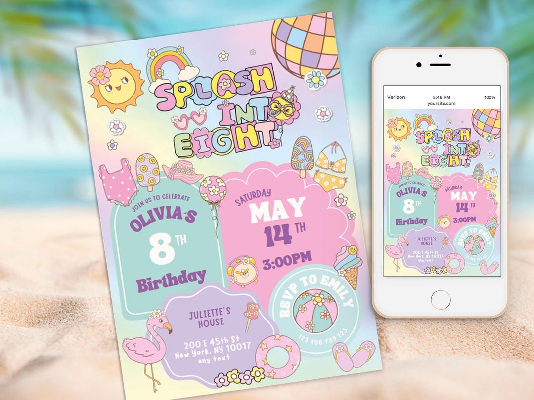 Editable Groovy Splash Into Eight, 8th Birthday Pool Party Invitation ...