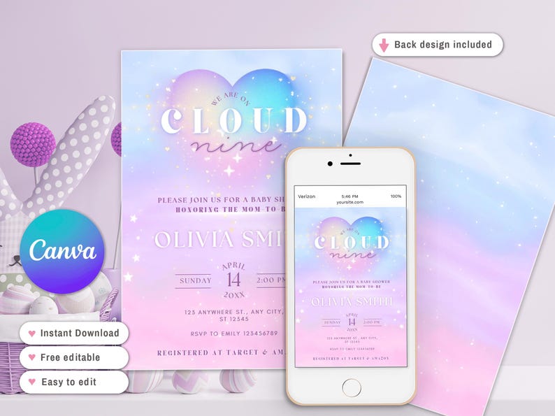 On Cloud 9 Baby Shower Invitation, Pink Cloud Nine Baby Shower Invite ...