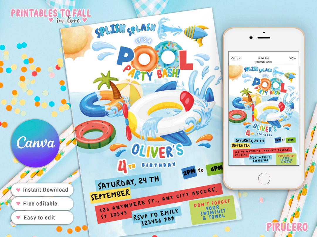 Pool Party Water Slide Party Invite, Airplane Inflatable Float Beach ...