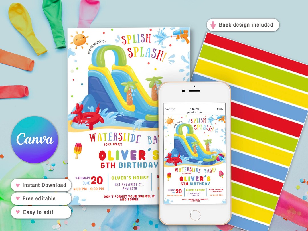 Water Slide Invitation, Water Slide Party Invite, Splash Pad Invitation ...