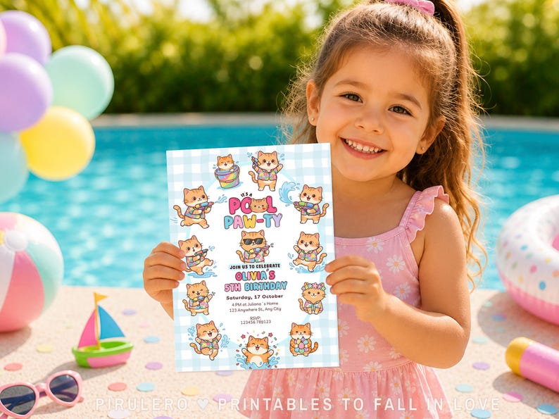 Pool Party Birthday Invitation, Cats Pool Pawty Birthday Invite, Kawaii ...