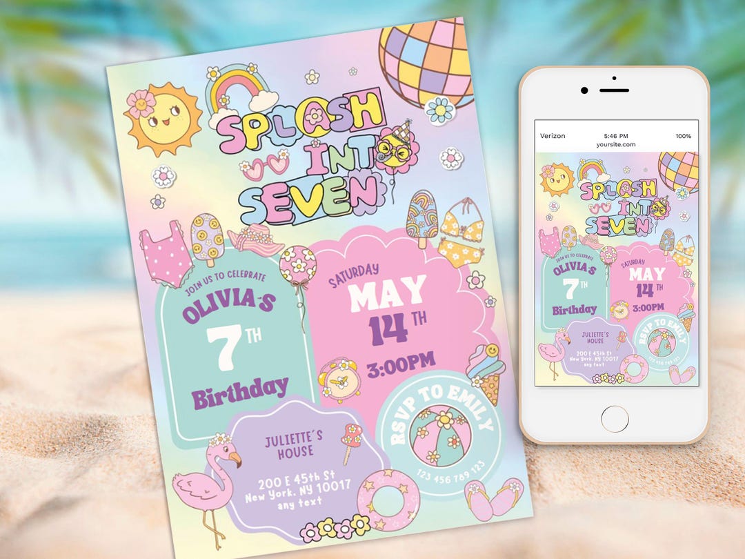 Editable Groovy Splash Into Seven, 7th Birthday Pool Party Invitation ...