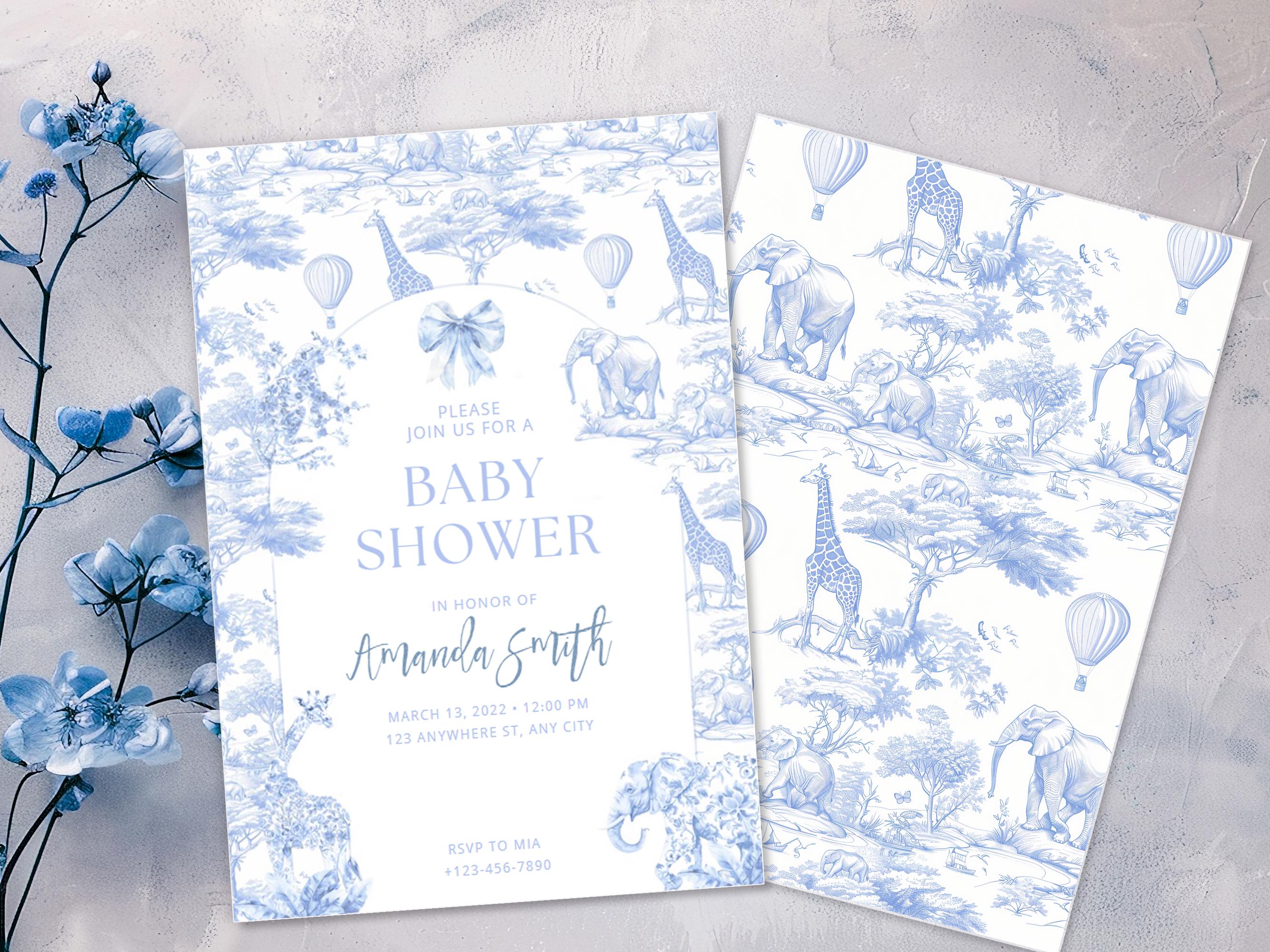 Blue Toile Safari Baby Shower Invitation, Safari Animal Baby Boy Shower ...