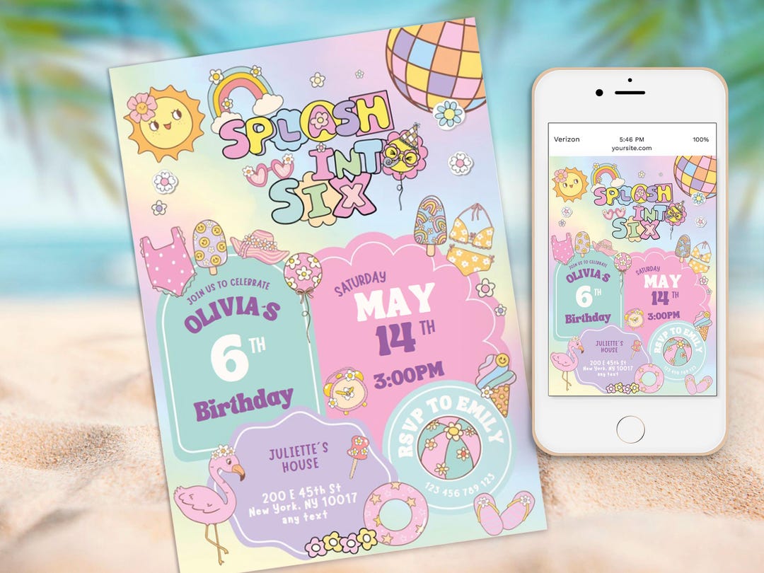 Editable Groovy Splash Into Six, 6th Birthday Pool Party Invitation ...