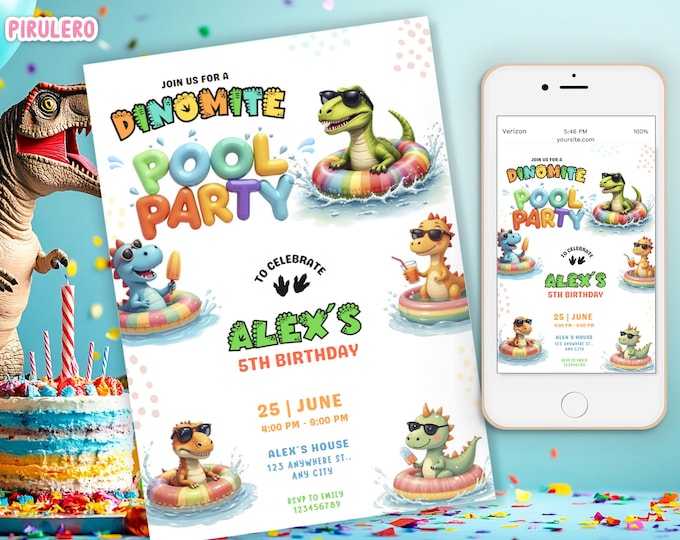Dinosaurs Pool Party Invitation, T-rex Pool Party, Dinosaurs Adventure ...
