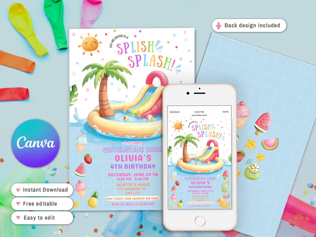 Waterslide Invitation, Water Slide Party Invite, Splash Pad Invitation ...