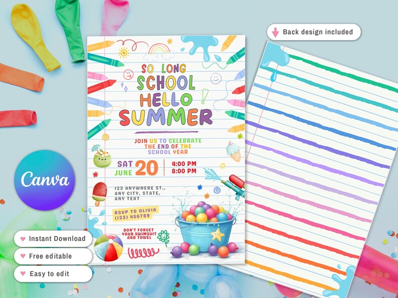 Editable End of School Party Invitation, Hello Summer, School’s Out ...