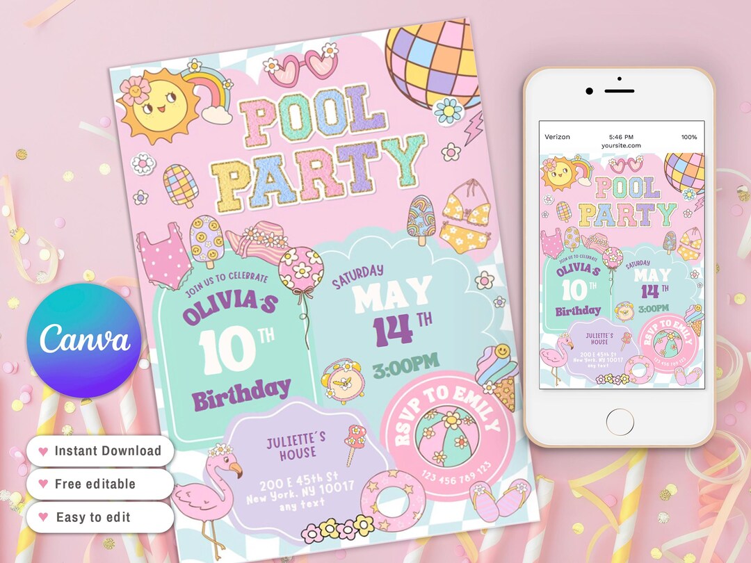 Pool Party Preppy Patch Letter Invitation, Varsity Patch, Preppy Smiley ...