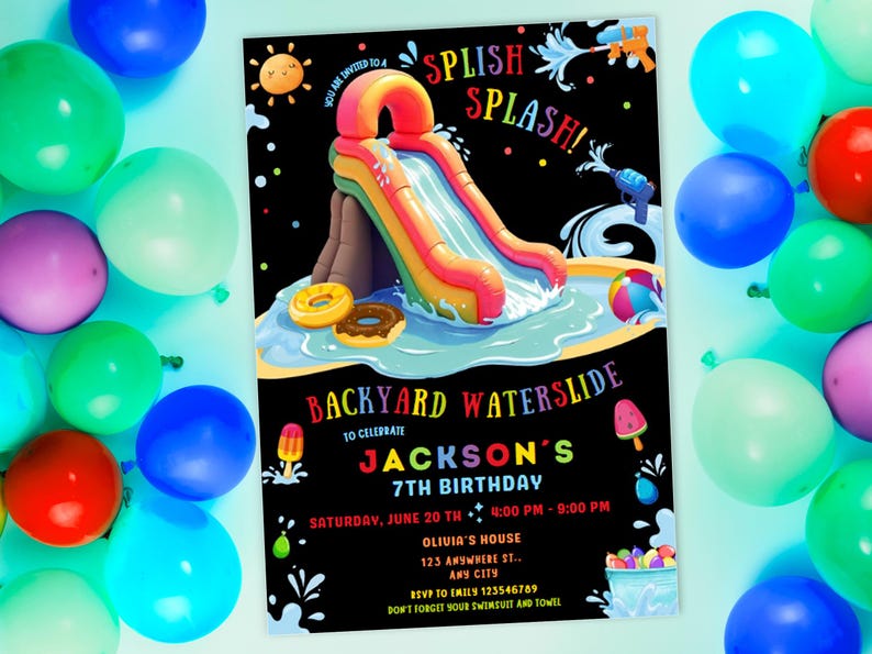 Editable Waterslide Birthday Invitation, Summer Pool Party, Splash ...