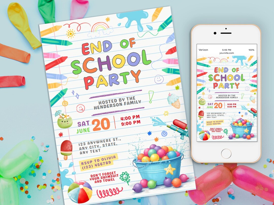 End of School Party Editable Invitation, Schools Out Party Invite ...