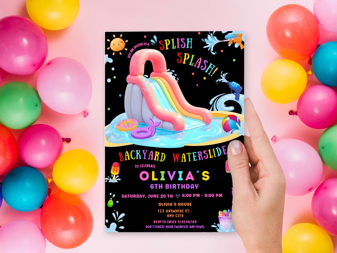 Editable Waterslide Birthday Invitation, Summer Pool Party, Splash ...