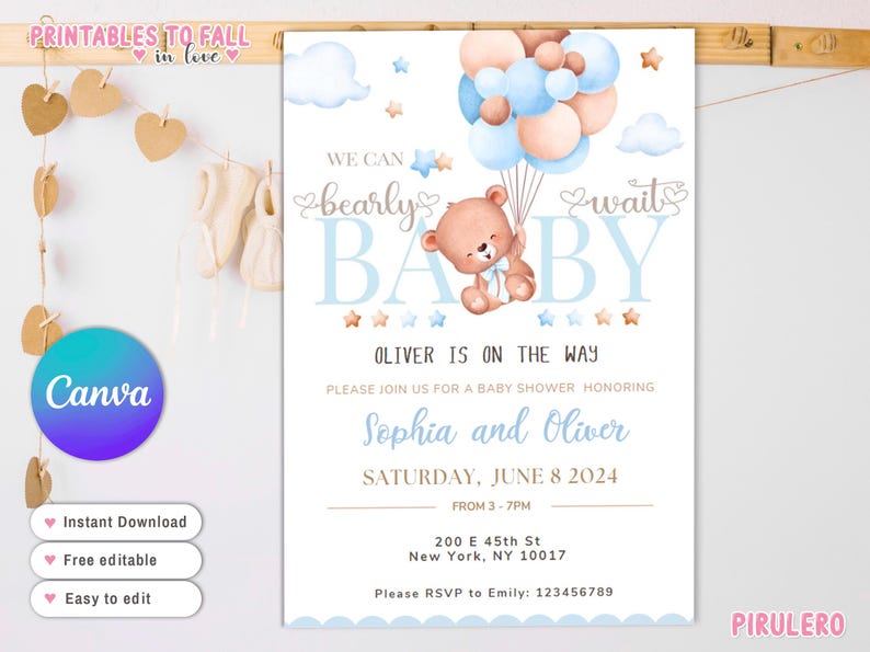 Baby Shower Invitation, We Can Bearly Wait Baby Shower Invite, Editable ...