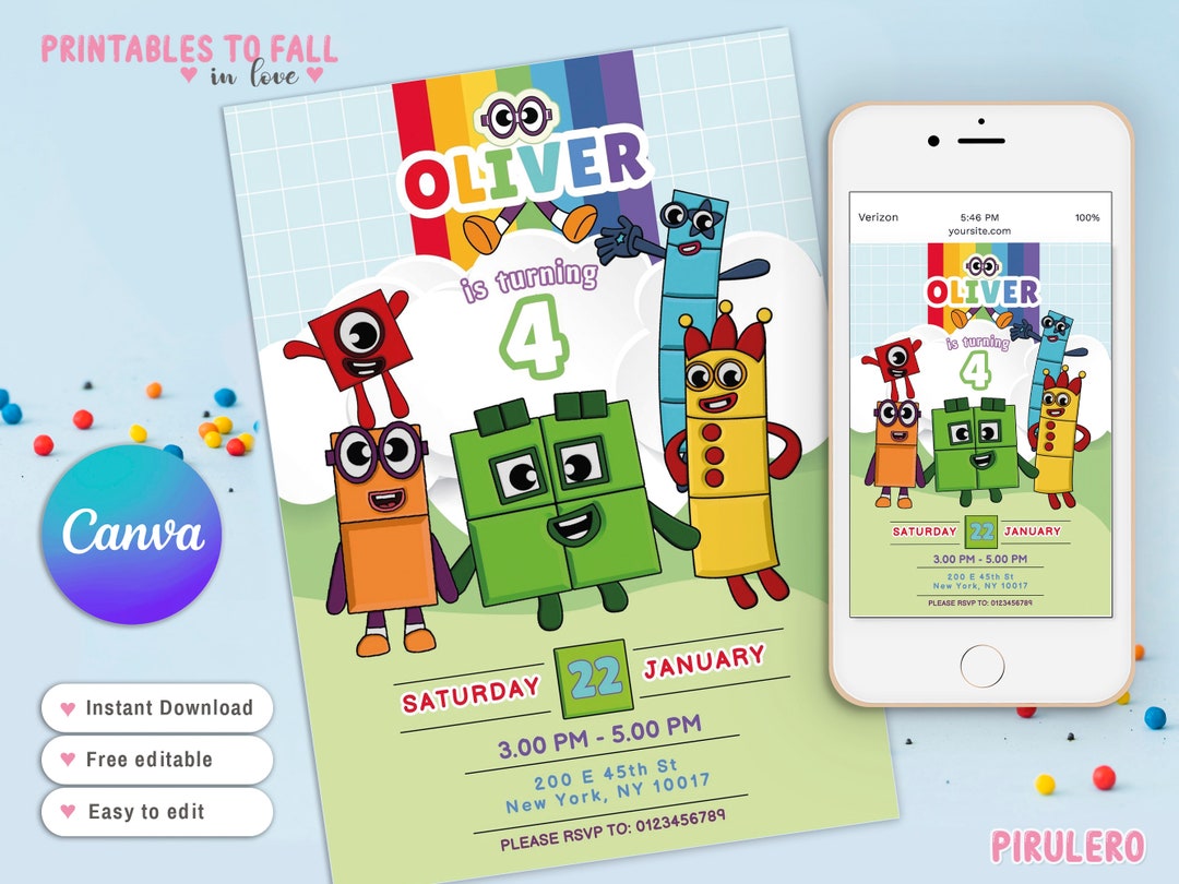 Numberblocks 4th Birthday Invitation, Numberblocks Birthday Invitation ...