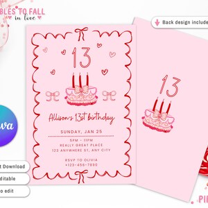 Preppy Bow Birthday Invitation for Any Age Template, 13th Editable Hand ...