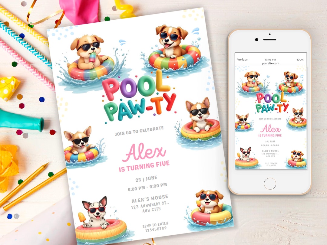 Pool Paw-ty Birthday Invitation, Editable Puppy Pool Party Bash, Fun ...