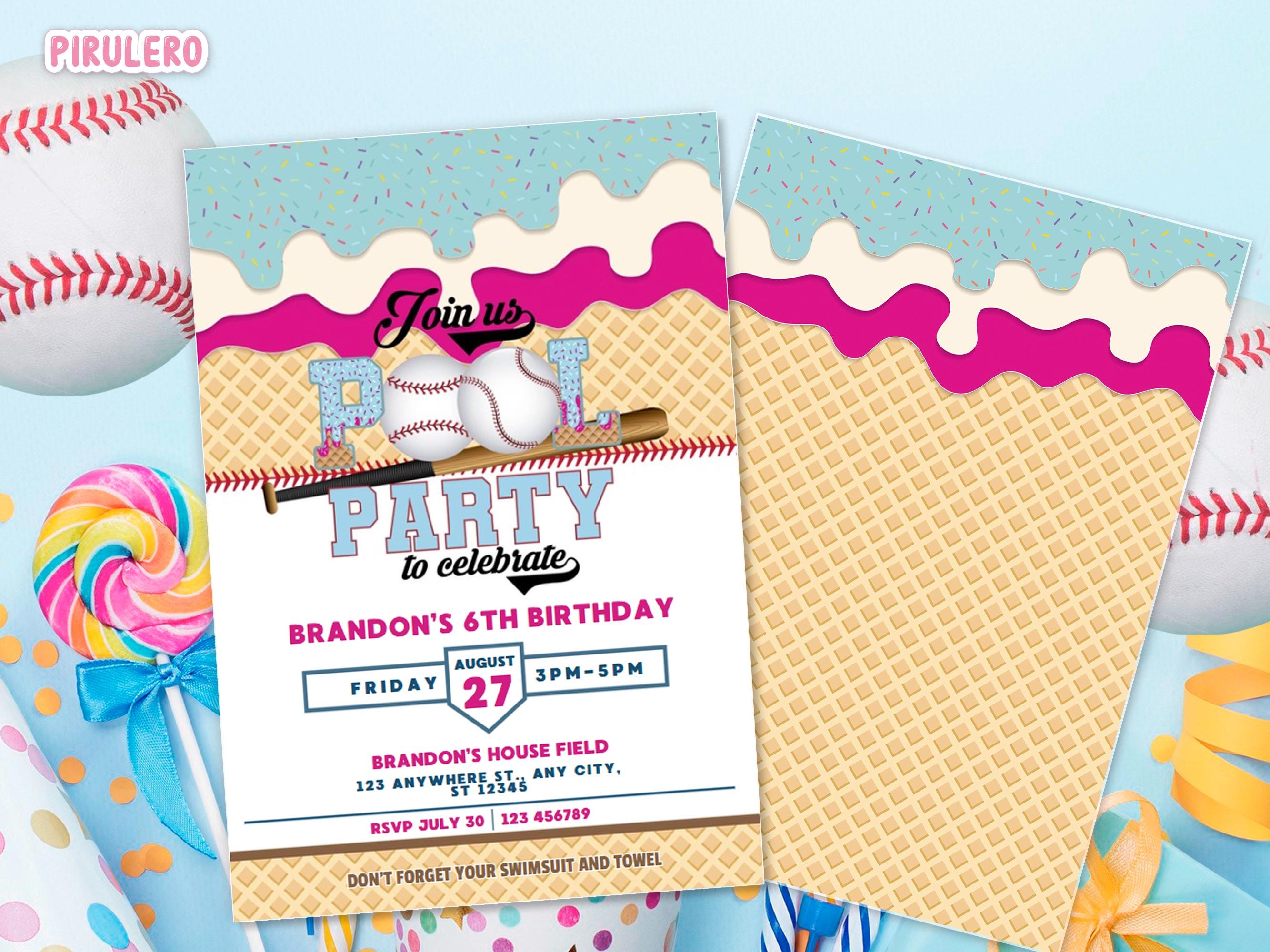 Baseball Drip Pool Party Invitation, Summer Party Invite, Ice Cream ...
