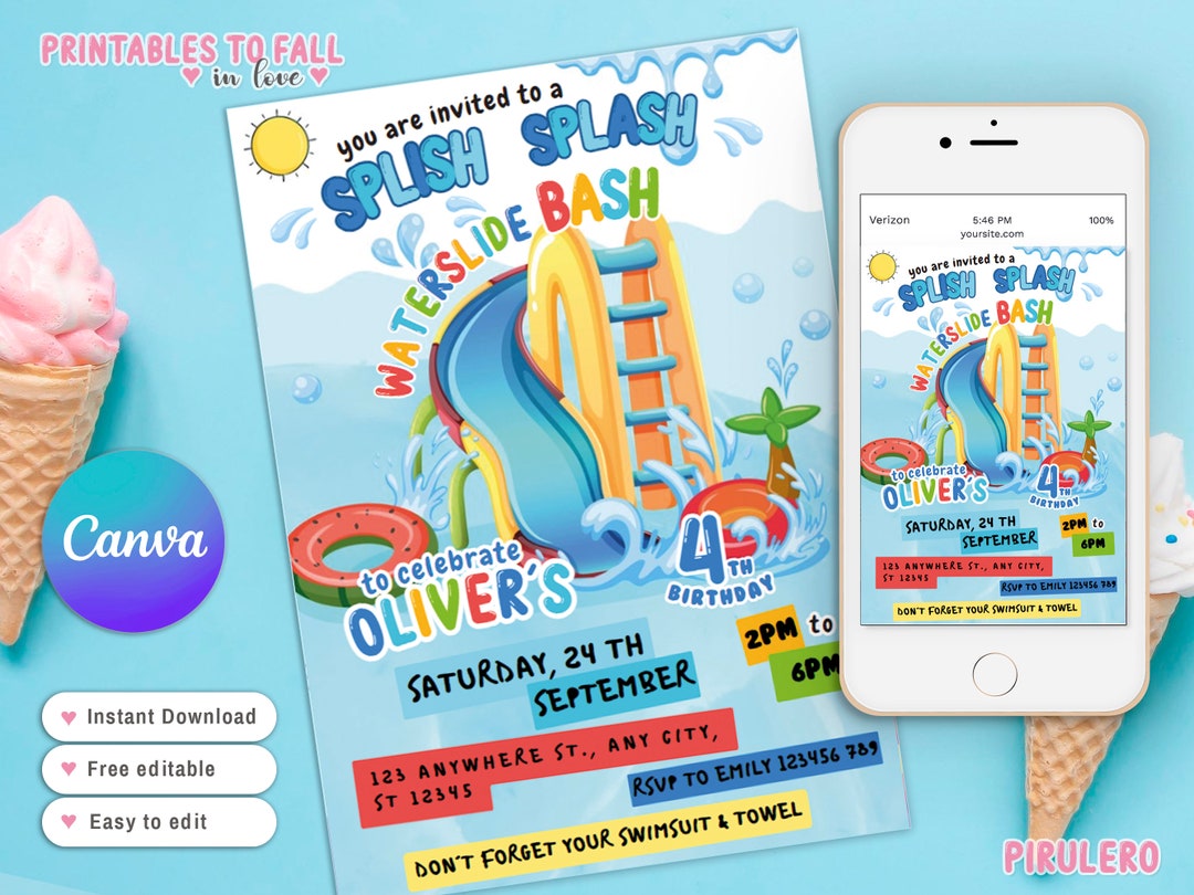 Waterslide Invitation, Water Slide Party Invite, Instant Download ...
