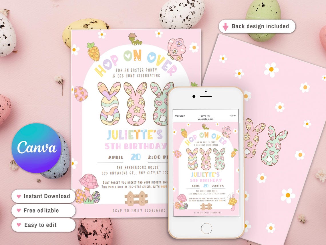Hop on Over Easter Egg Hunt Invitation Template, Party With My Peeps ...