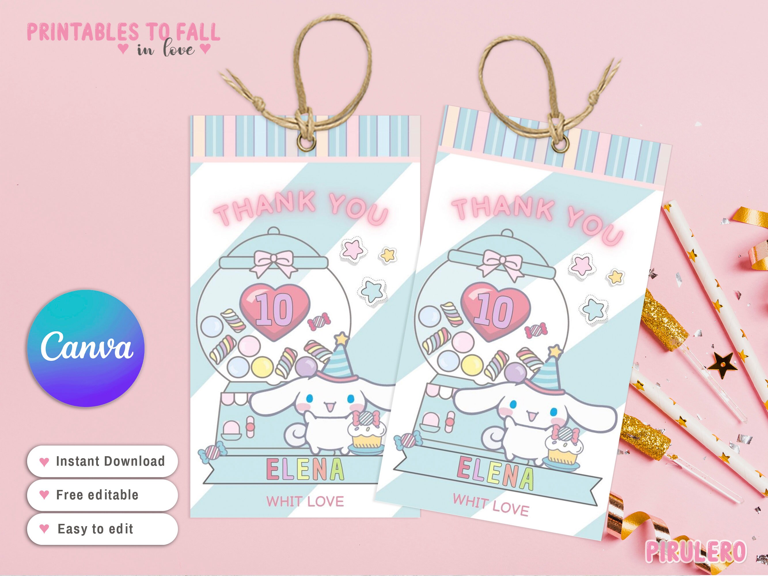 Cinnamo-roll Character Favor Tag Canva Template, Card Kawaii Bunny ...