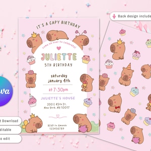 Capybara Birthday Invitation, Cute Pink Capy Birthday, Digital Download ...