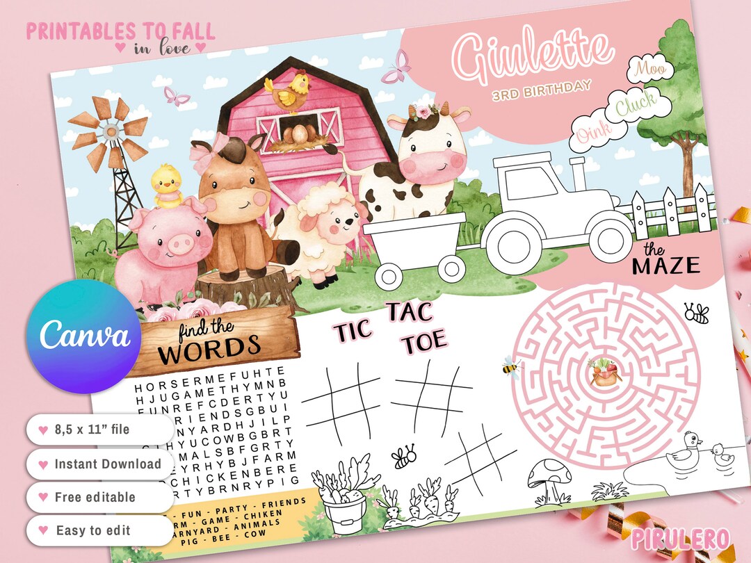 Girl Farm Animals Activity Placemat, Printable Barnyard Page Coloring ...