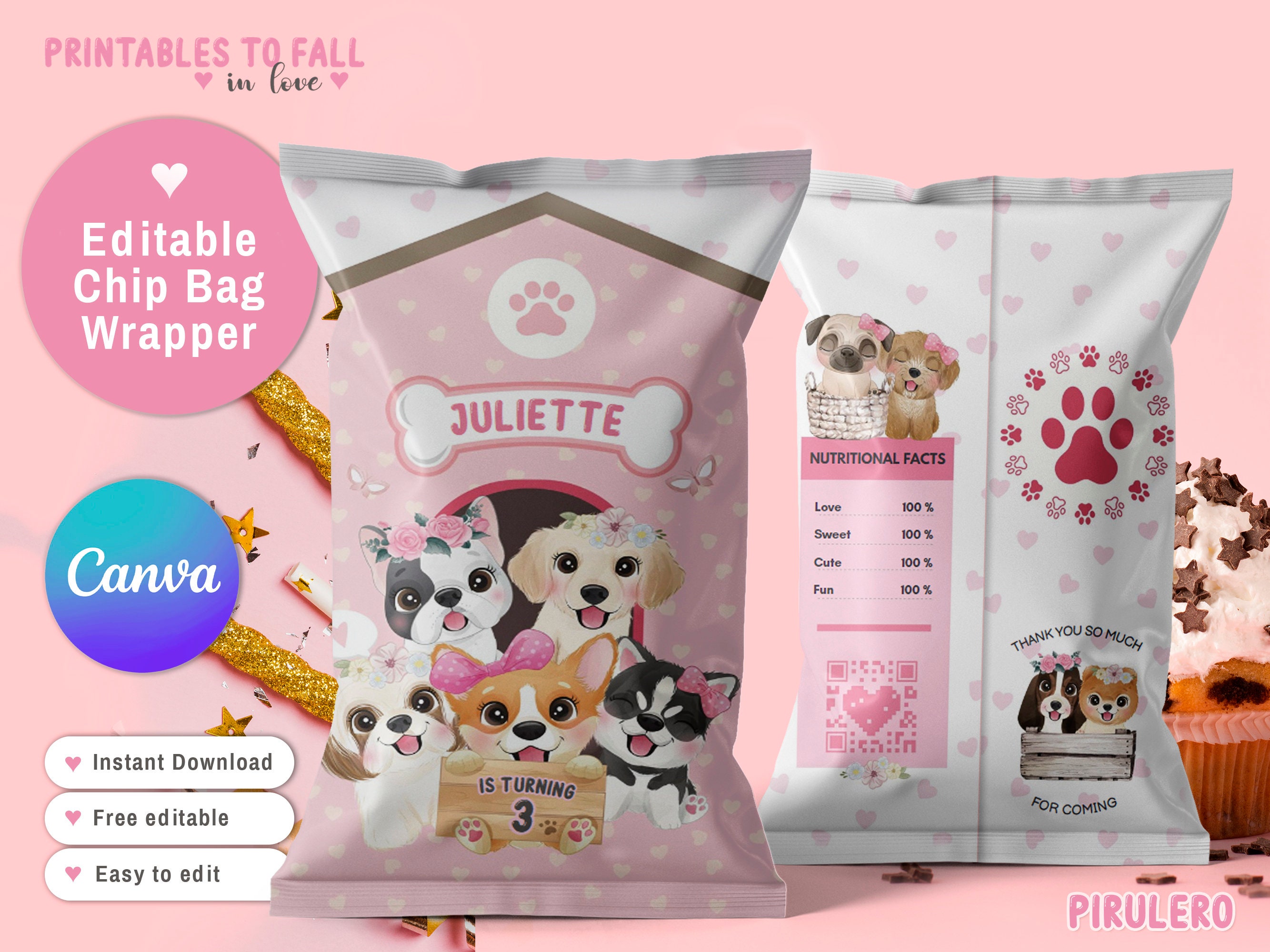 Editable Puppy Birthday Chip Bag Wrapper Labels Dog Chip Bag Party ...
