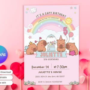 Capybara Birthday Invitation, Sweet Pink Capy Birthday Canva Editable ...