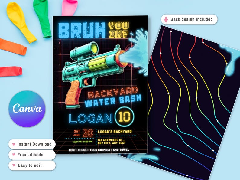 Water Gun Birthday Invitation, Pool Party Invite, Any Age Neon Water ...