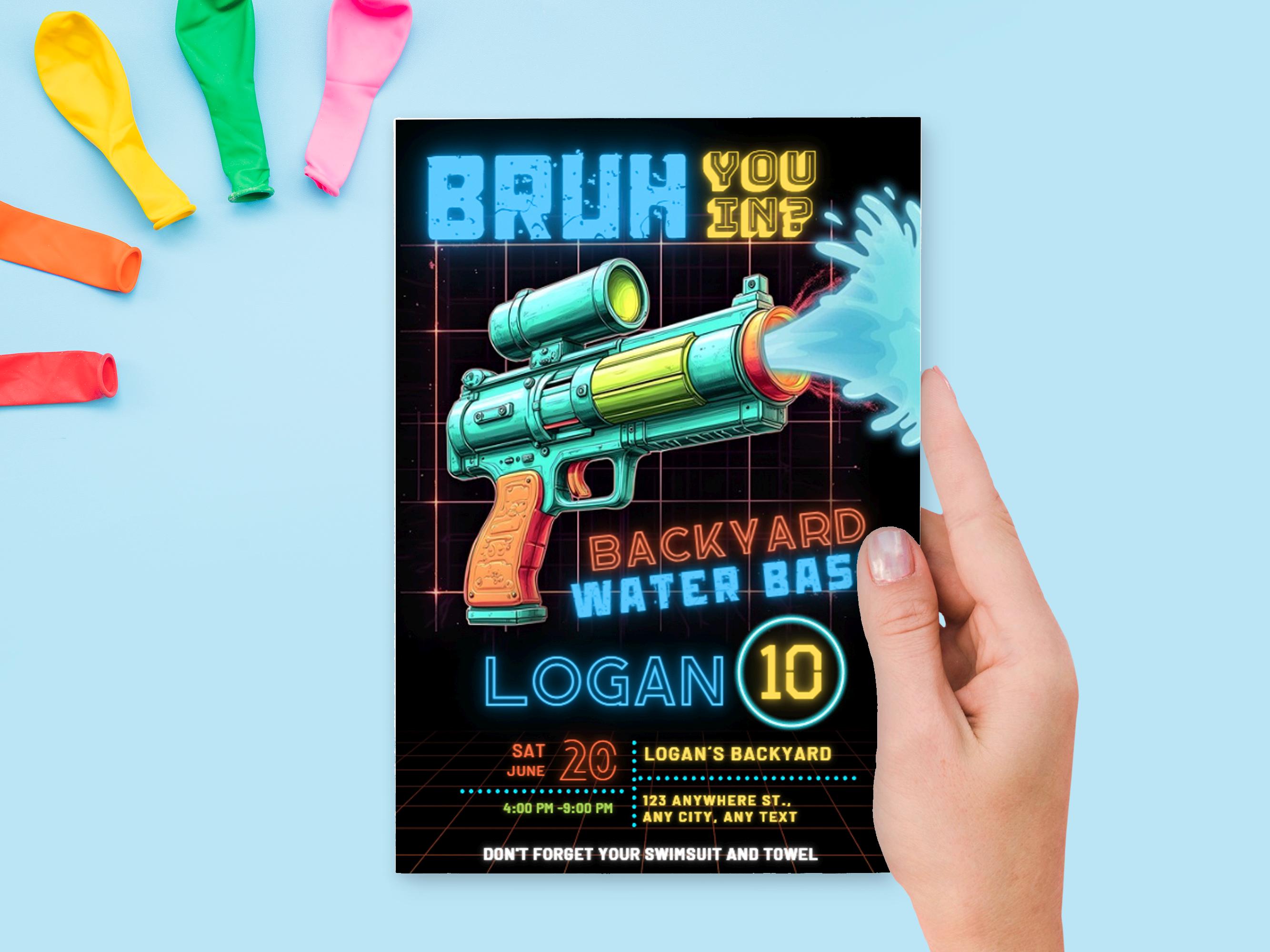 Water Gun Birthday Invitation, Pool Party Invite, Any Age Neon Water ...