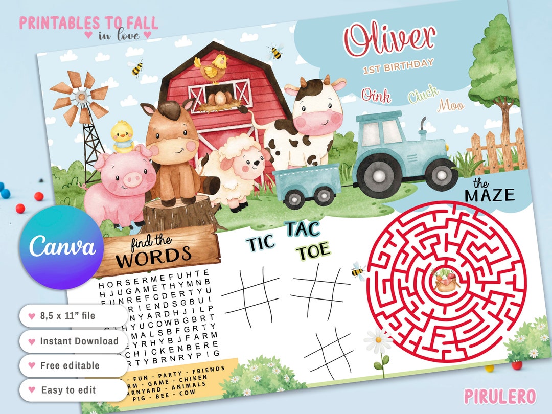 Boy Farm Animals Activity Placemat, Printable Red Barnyard Activity ...