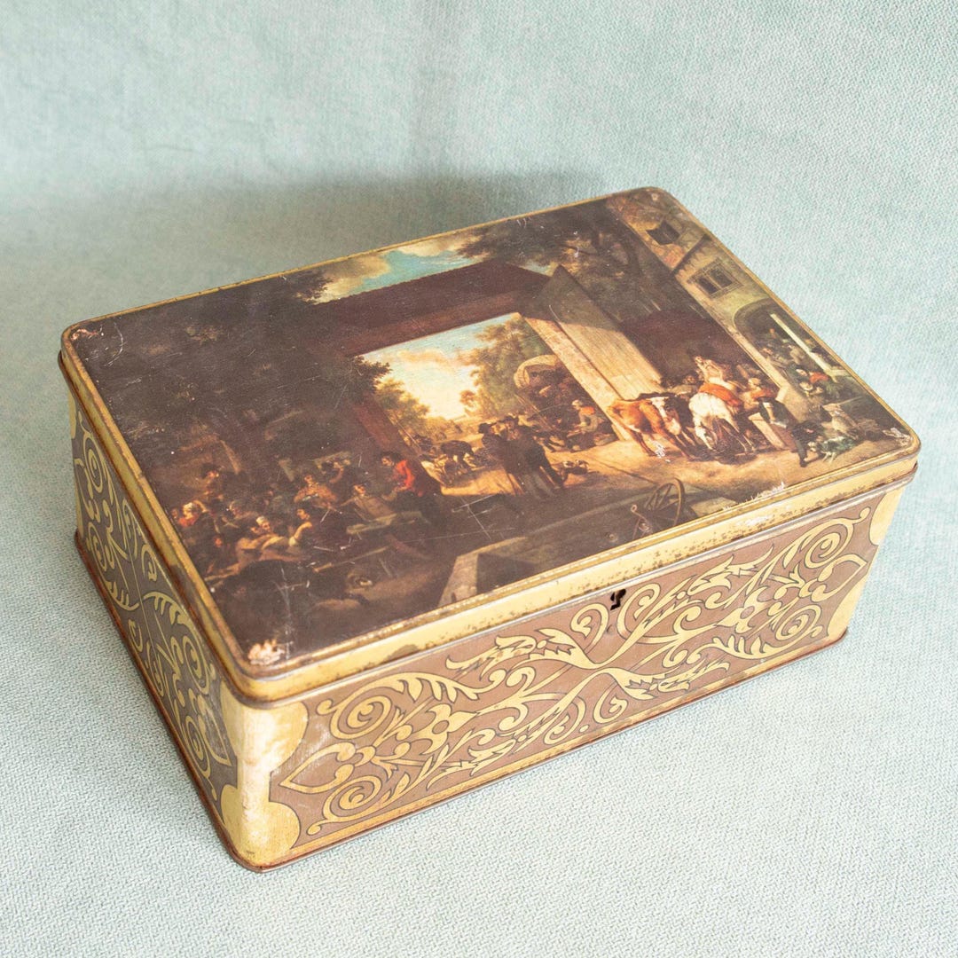 Vintage Biscuit Tin Box, Antique Style Metal Box, Tin Jewelry Box ...