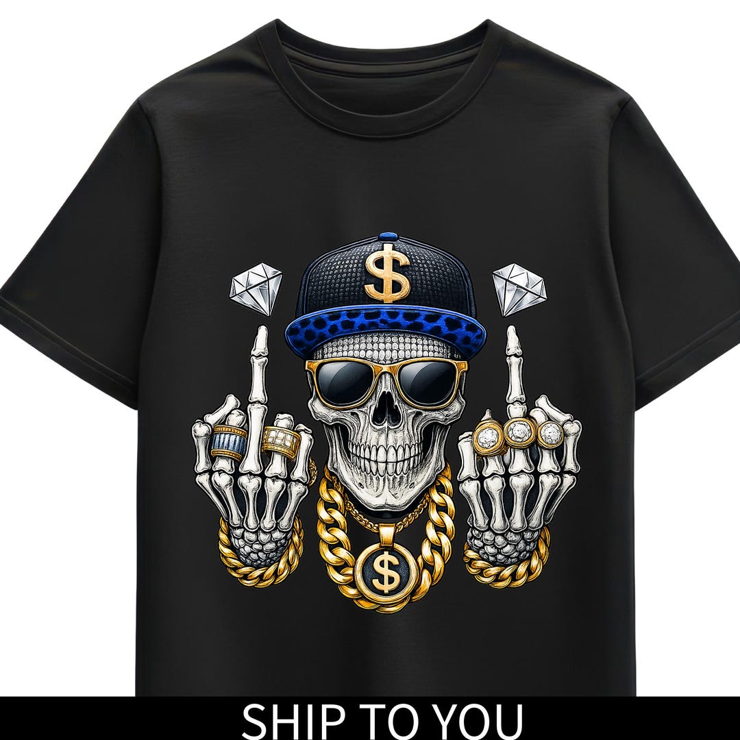 Money Skull Middle Finger Short Sleevet-shirt | Hip Hop Gangsta Skull ...