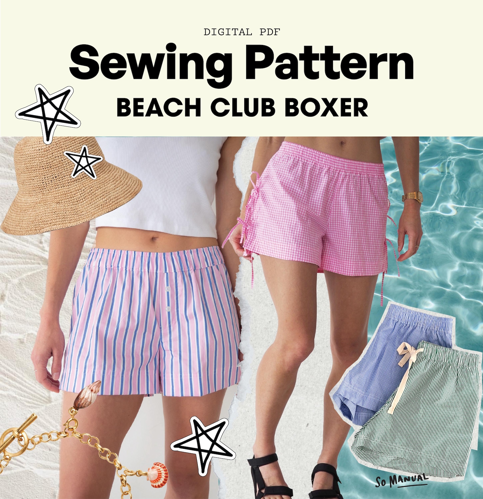 Easy Short PDF Sewing Pattern | With Elastic Waistband, Pockets, Bows ...