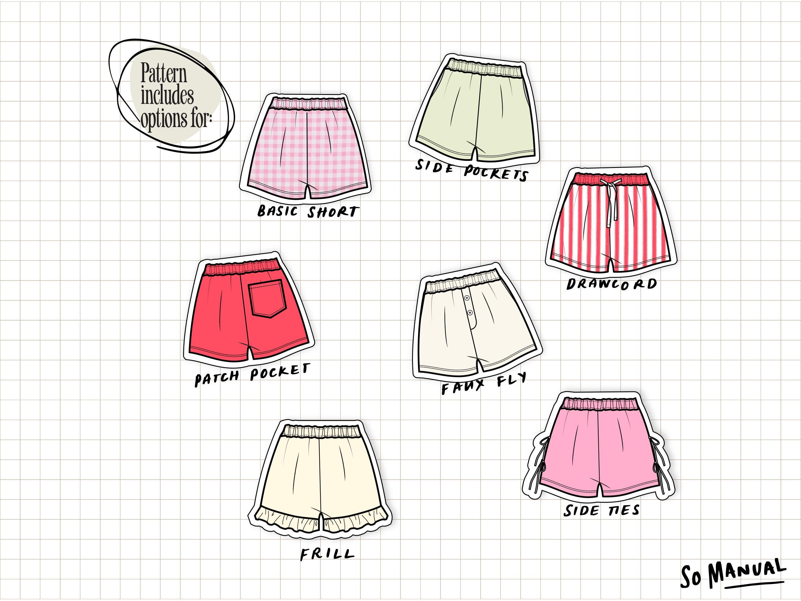 Easy Short PDF Sewing Pattern | With Elastic Waistband, Pockets, Bows ...