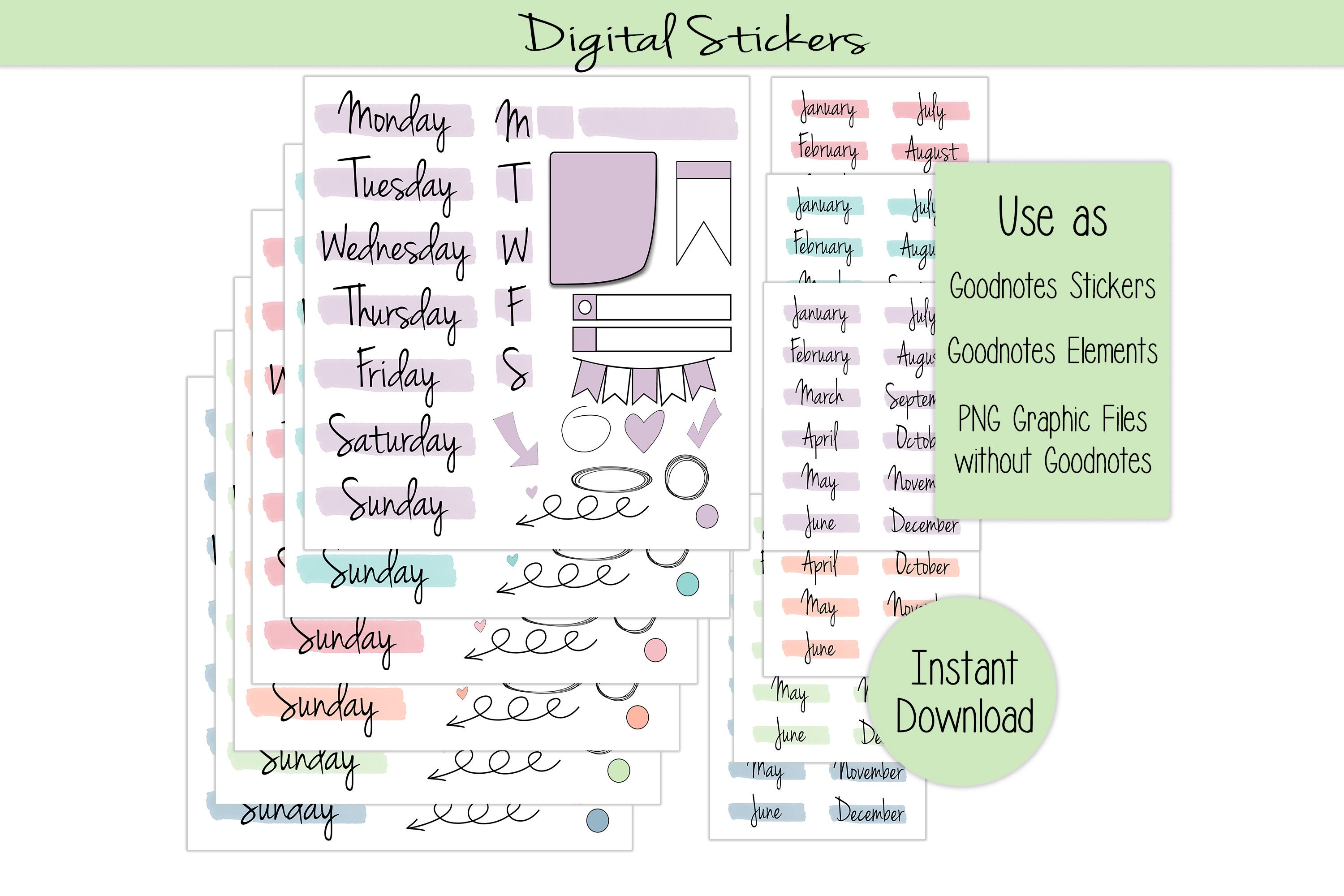 Watercolor Calendar Digital Stickers for Planners| Month Weeks Days ...