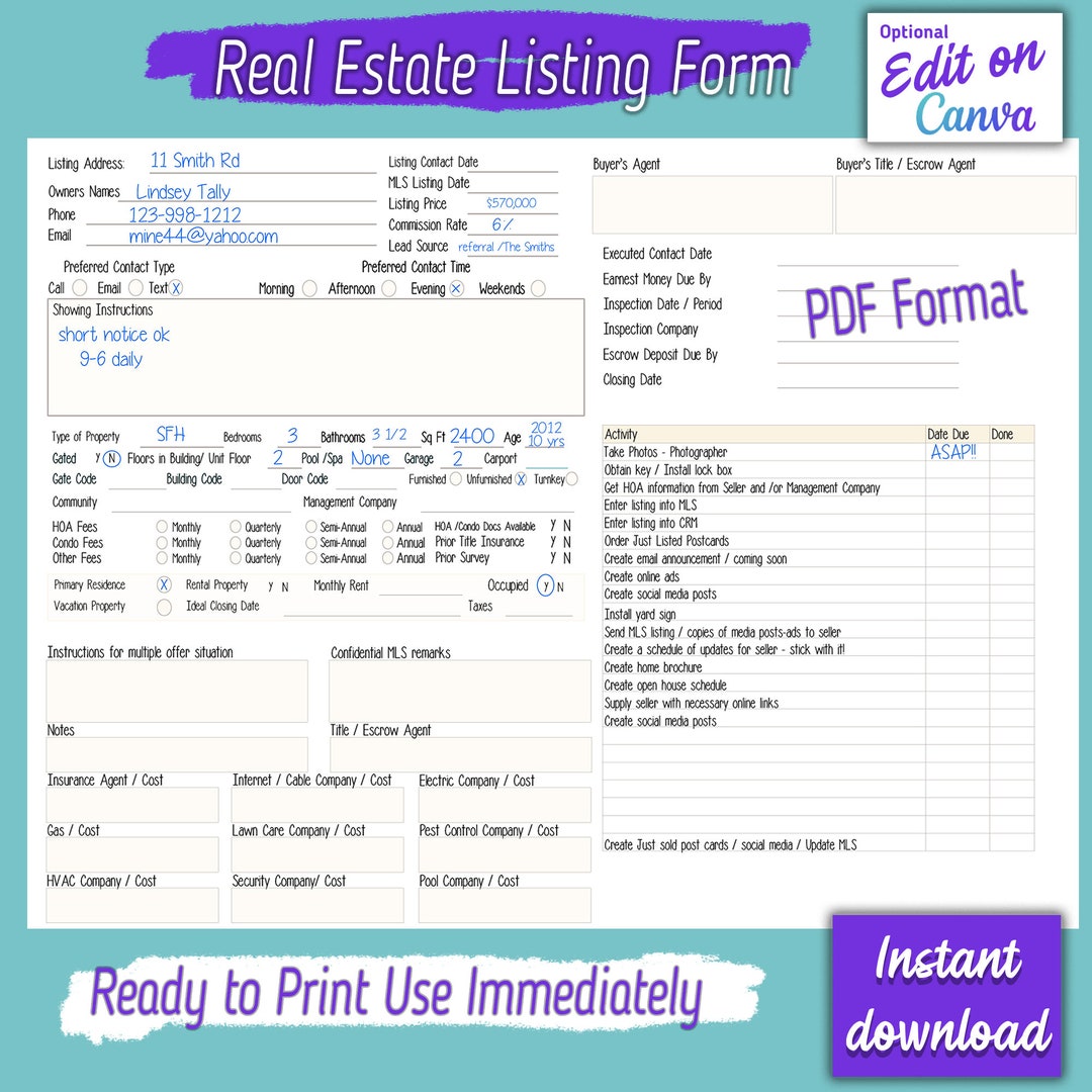 Real Estate Sellers Intake Form Home Seller Listing Questionnaire ...