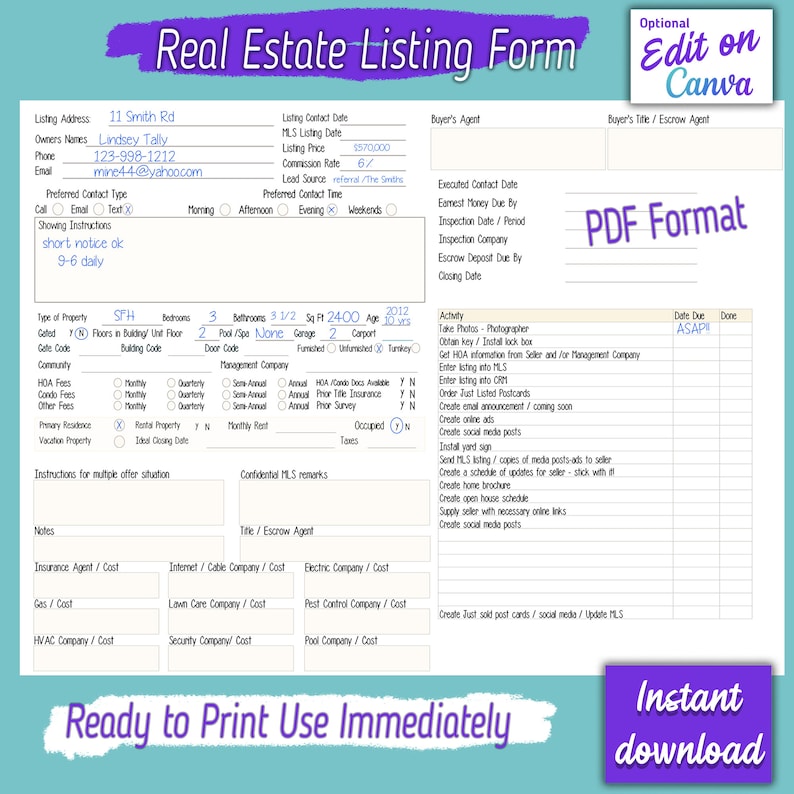 Real Estate Sellers Intake Form Home Seller Listing Questionnaire ...