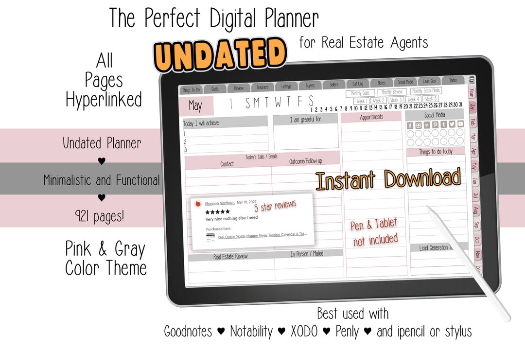 Undated Digital Planner Real Estate Hyperlinked Realtor Calendar ...