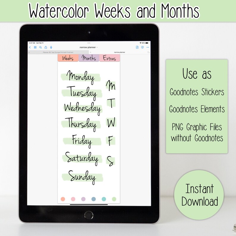 Watercolor Calendar Digital Stickers for Planners| Month Weeks Days ...