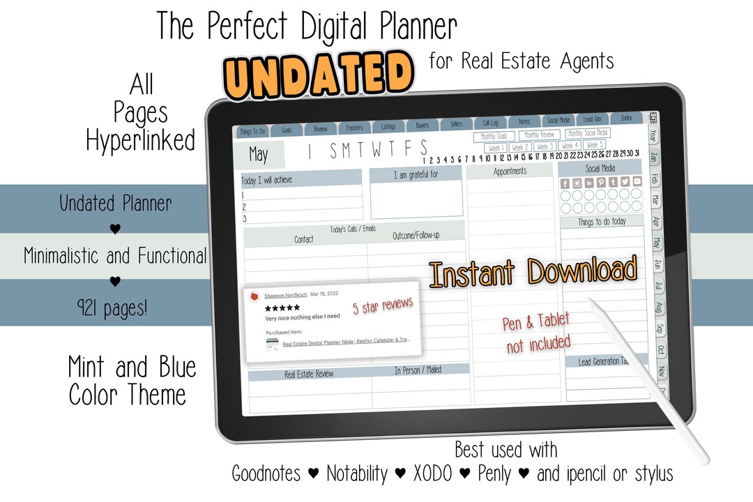 Undated Hyperlinked Digital Planner Real Estate | Realtor Calendar ...