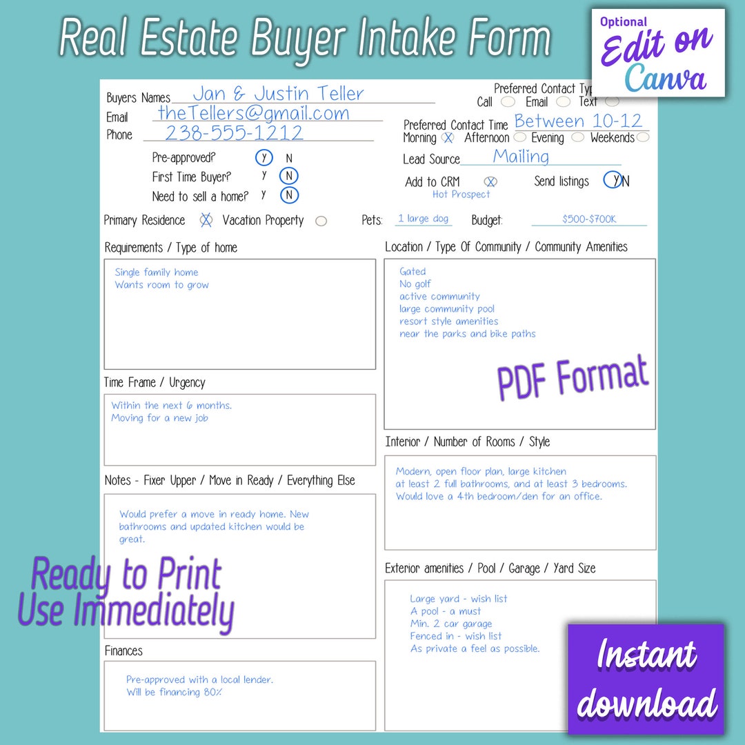 Real Estate Buyer Intake Form |home Buyer Questionnaire / Consultation ...