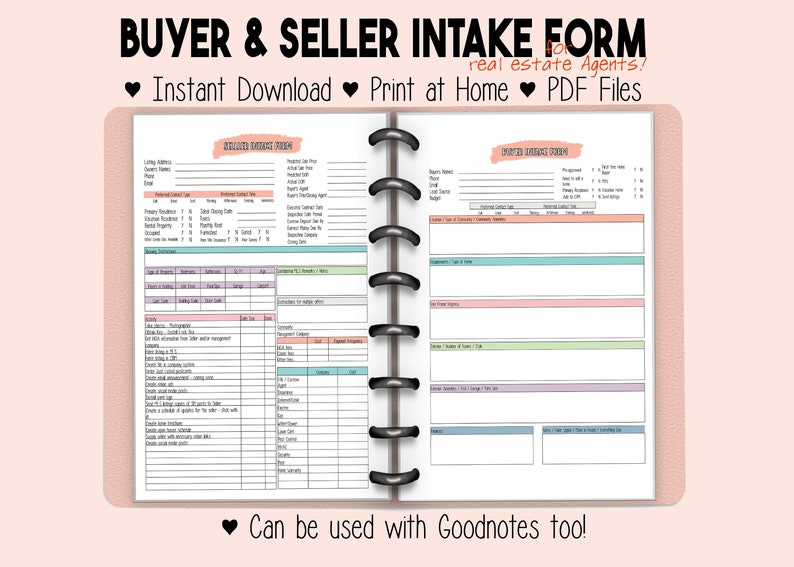Realtor Checklist Home Buyer & Seller Questionnaire Intake Form Insert ...