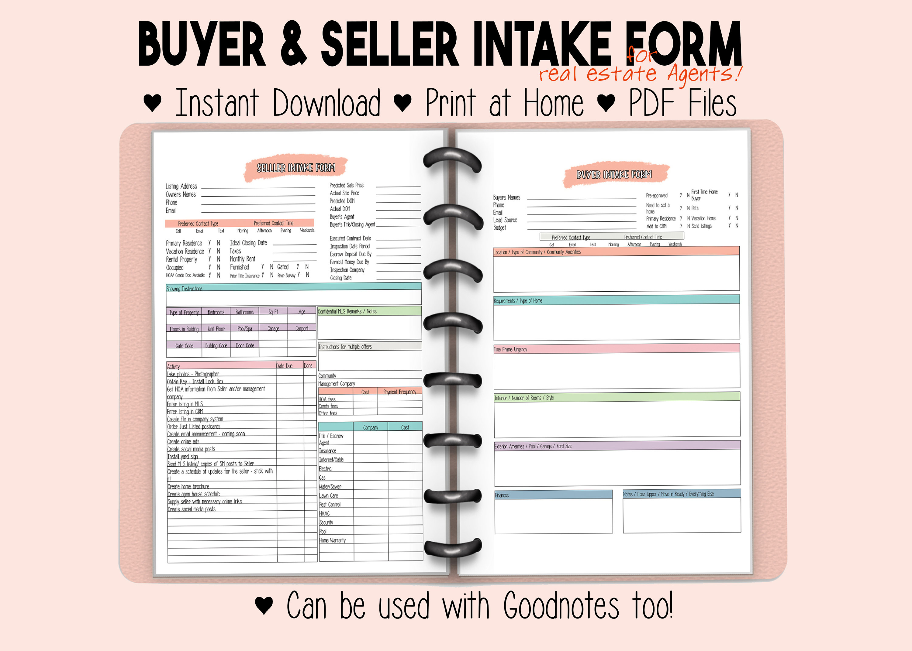 Realtor Checklist Home Buyer & Seller Questionnaire Intake Form Insert ...