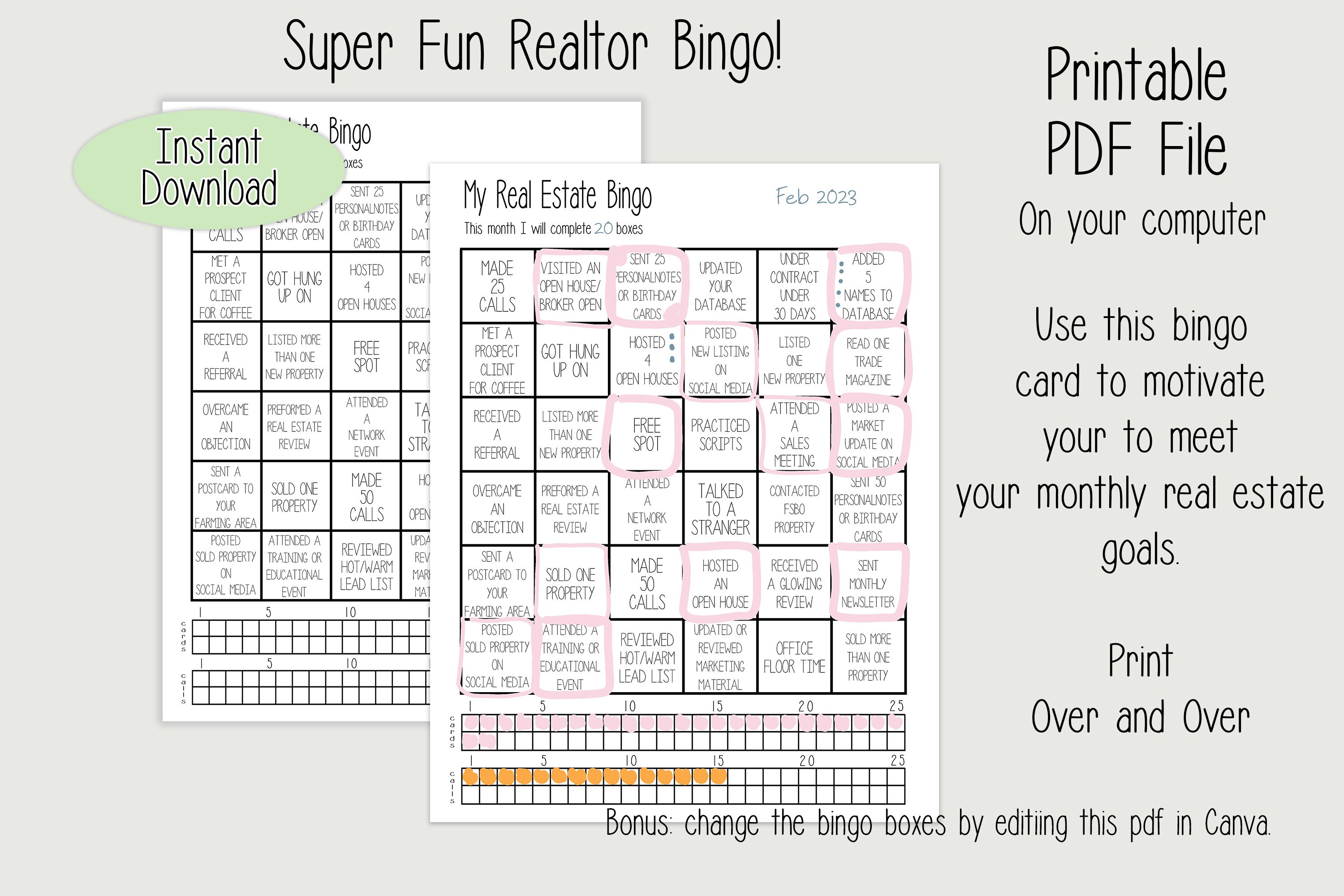 Real Estate Bingo Style Goal Tracker Realtor Routine Instant Digital ...