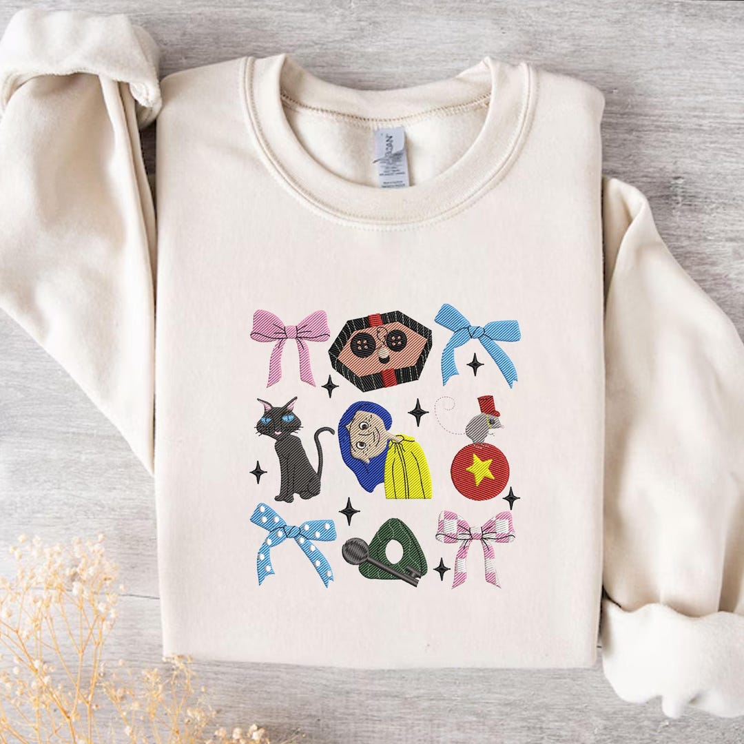 Cotteque Bow Coraline Embroidery Sweatshirt, Coraline Doll Embroidered ...