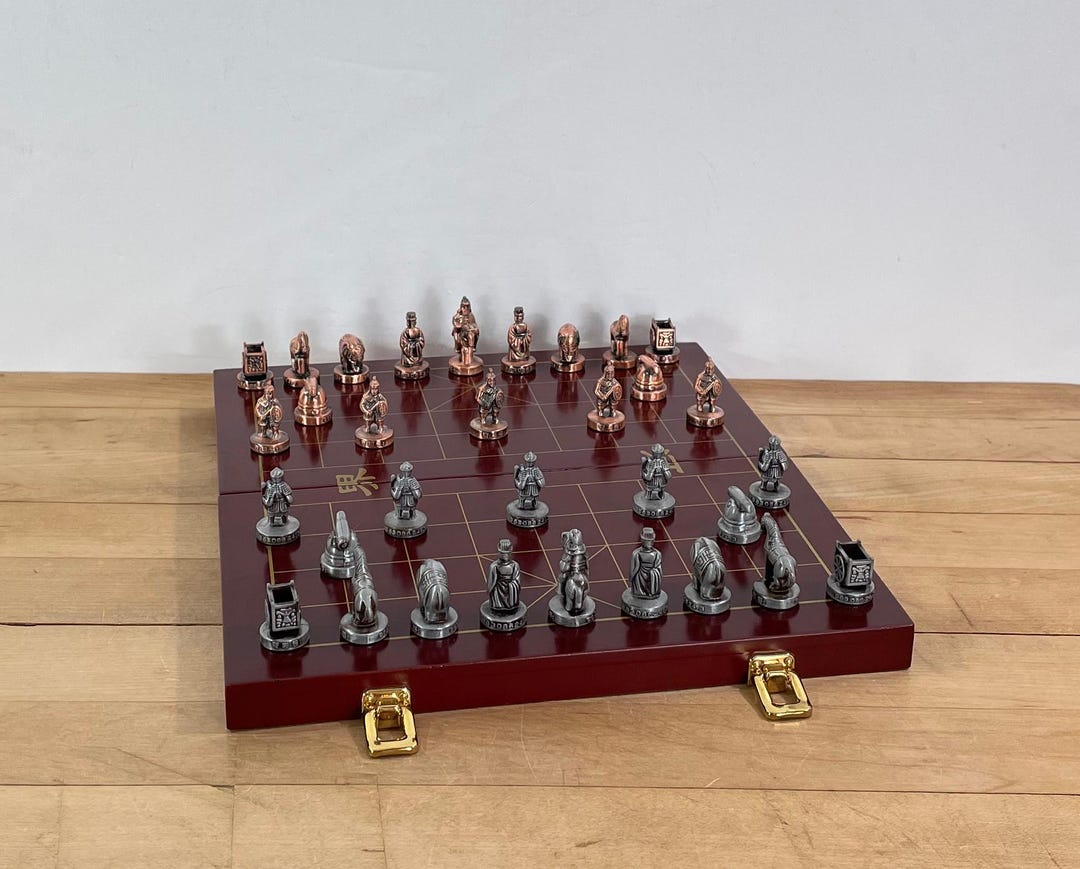 Xiangqi chinese Chess Set, Metal Figural Pieces in Foldable Wooden Case ...