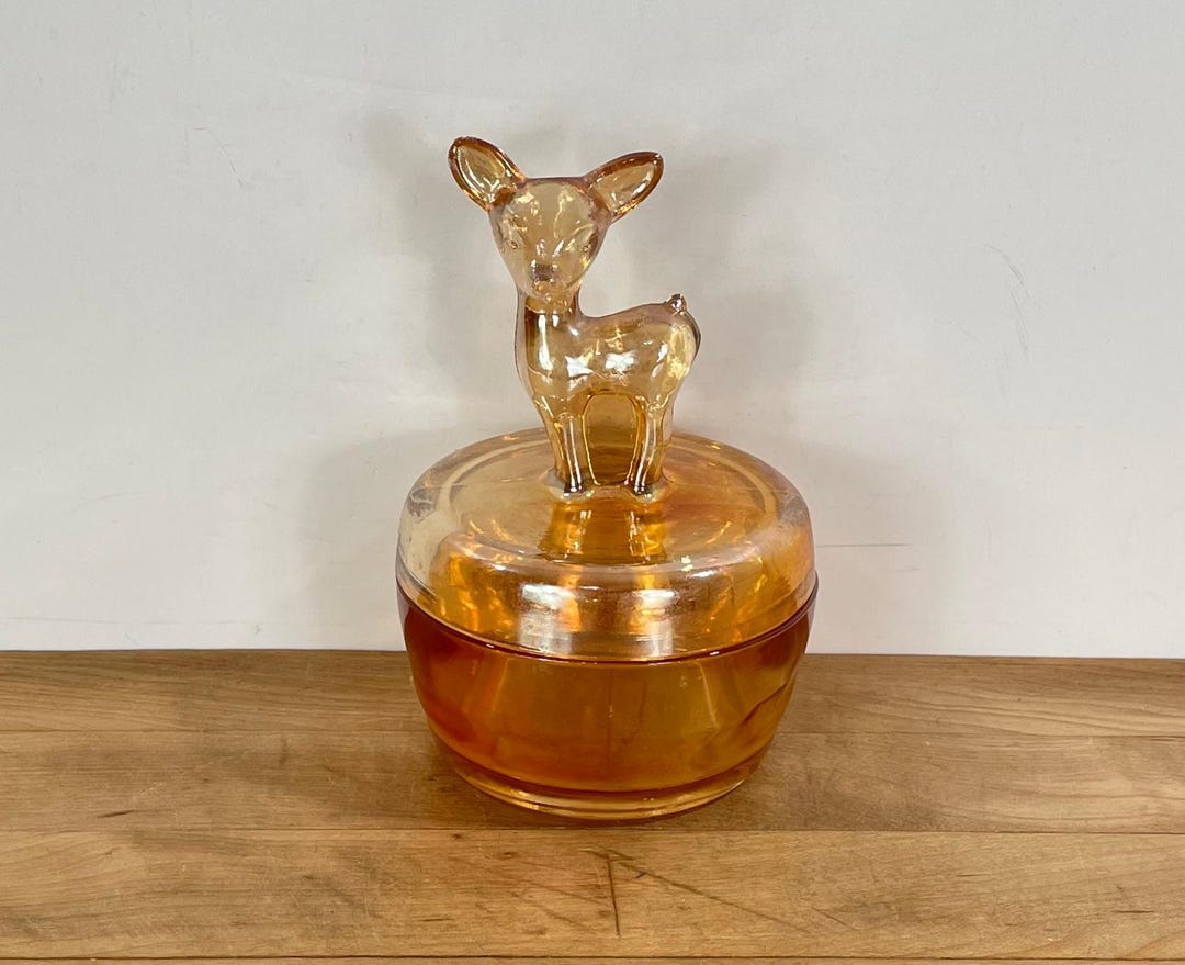 Amber/merigold Glass Figural Deer Powder/trinket Jar by Jeannette Glass ...