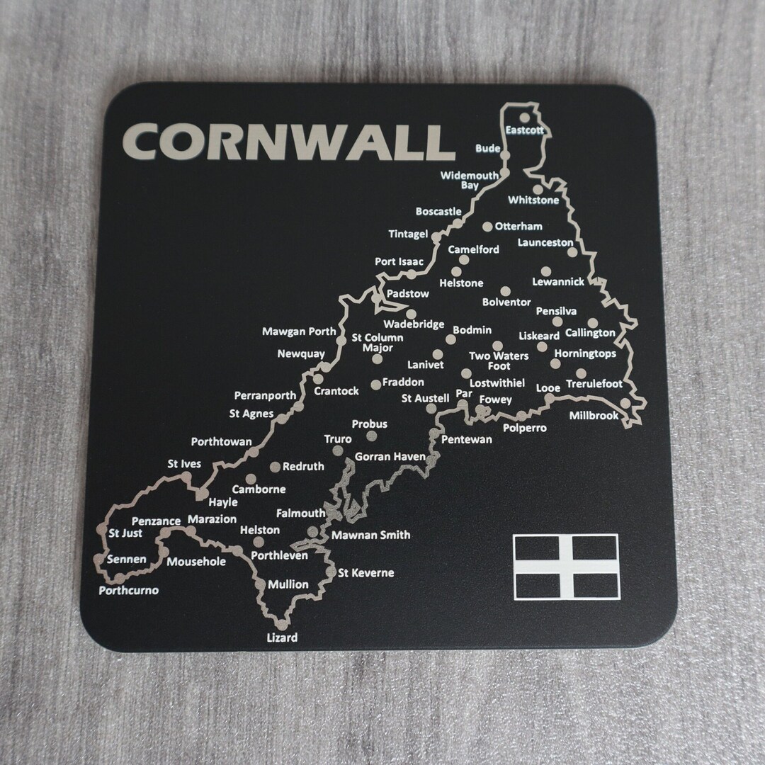 Metal and Fibreglass Cornwall Map Coaster. Black, Silver and White ...
