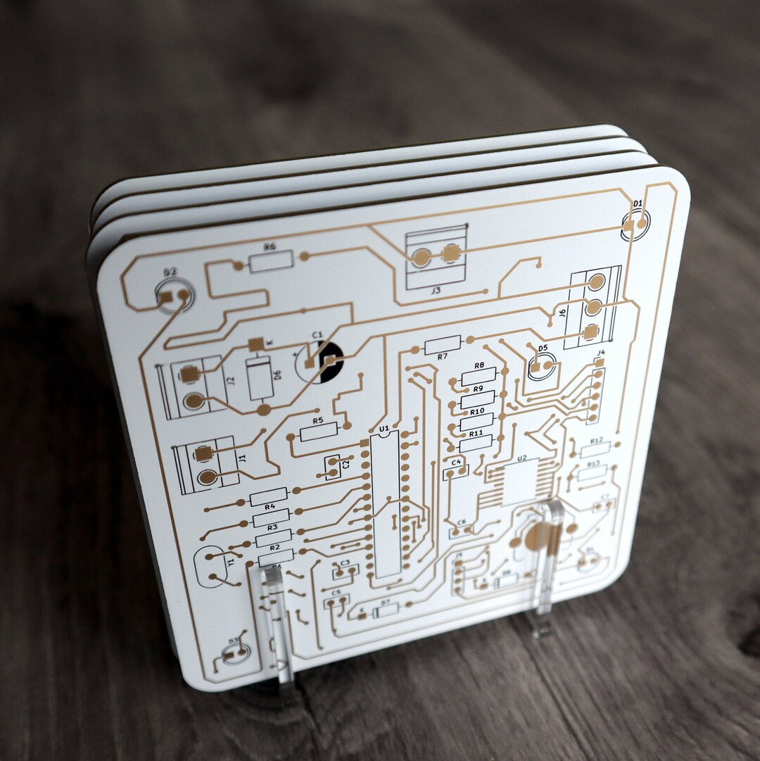 PCB Coasters (set of 4 With Display Stand) - White Circuit Board - Gold ...